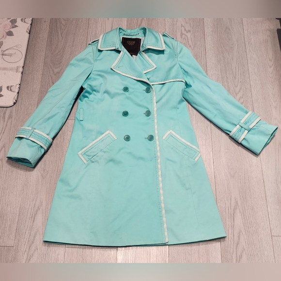 Coach | Jackets & Coats | Coach Aqua Trench Coat With White Trim | Poshmark